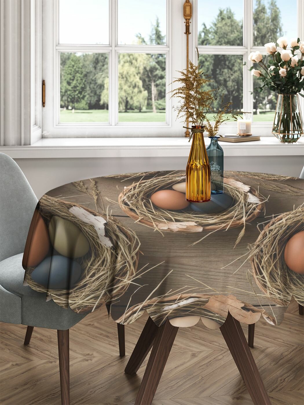 Круглая скатерть на стол с принтом "Пасхальные гнезда" 150х150 см, JoyArty, серия Пасха