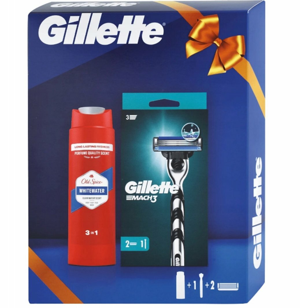 Подарочный набор косметики Gillette бритвенный станок Mach3 с 1 сменной кассетой и гель для душа и шампунь Old Spice Whitewater (2 в 1) 250мл