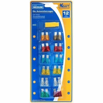 Набор предохранителей KRAFT KT 870000 с пинцетом 7,5a, 10a, 15a, 20a, 25a, 40a по 2 шт, серия Medium, в блистере 12 шт