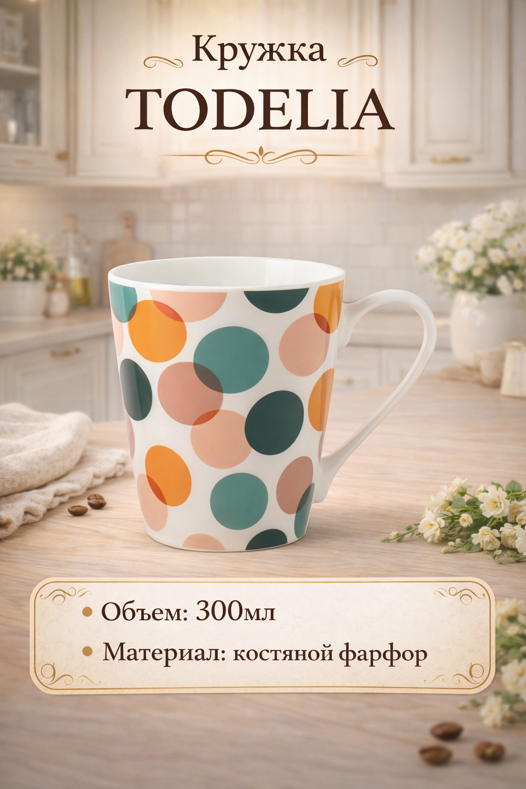 Кружка TODELIA "Акварель круги", 300 мл, материал: костяной фарфор