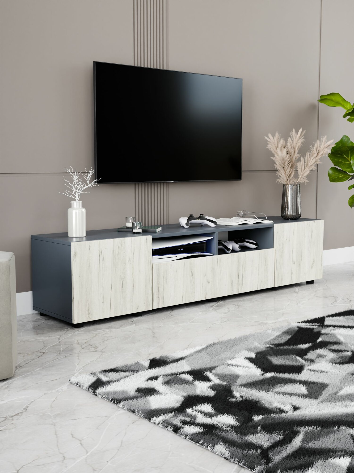 Тумба под телевизор горизонт 160х37.8х36.3 см, графит-дуб крафт белый