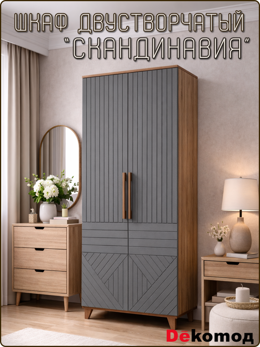 Шкаф двустворчатый Скандинавия распашной для одежды, шифоньер с полками и штангой в спальню напольный 90х210х40см