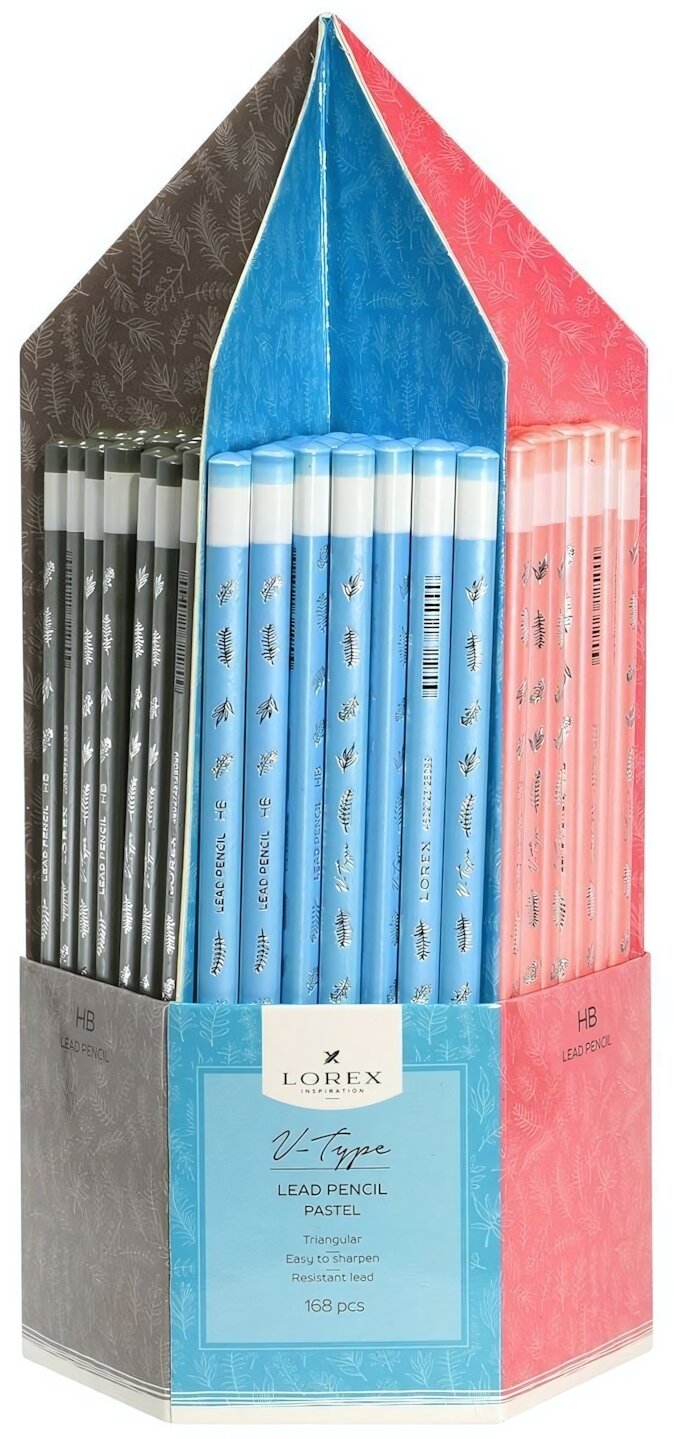 Карандаш чернографитный LOREX "V-Type pastel", HB, трехгранный, деревянный корпус, 6 дизайнов, разноцветный принт
