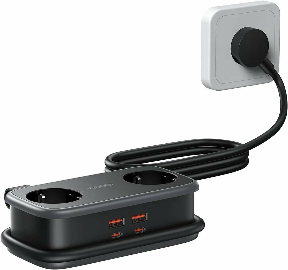 Сетевой фильтр NTONPOWER APP удлинитель евро-розетка с 2 USB-A 2 USB-C, 65 Вт PD GaN зарядка 2500 Вт, 1,5 м черный