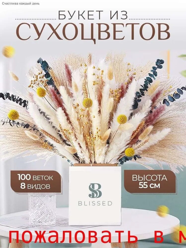 Сухоцветы BLISSED Краспедия, Эвкалипт, 55 см, 100 веток, 200 гр