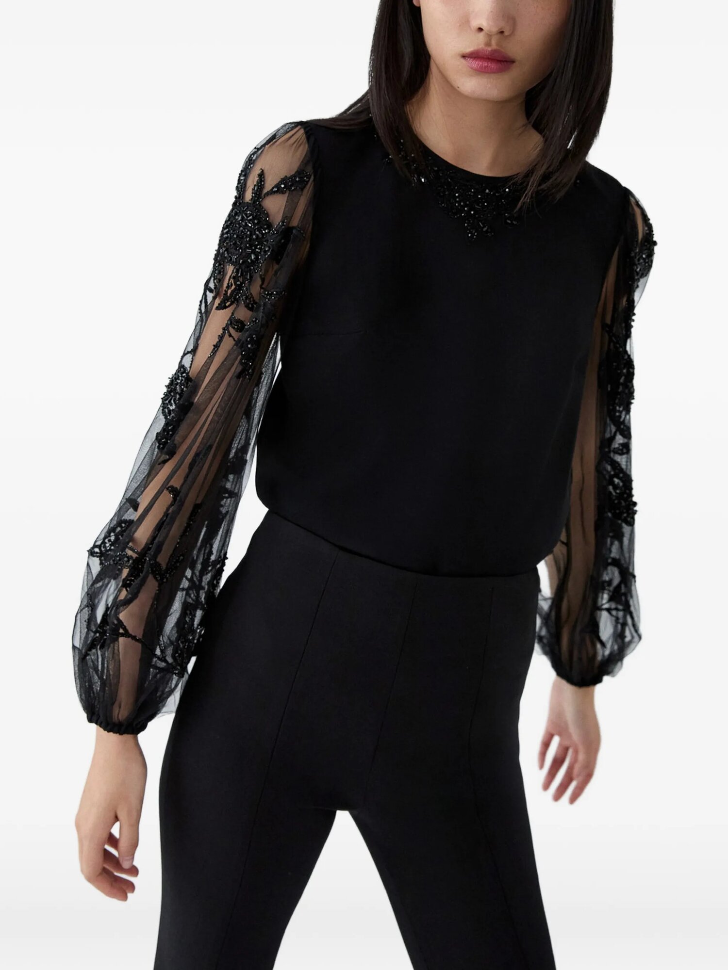 Топ CAROLINA HERRERA Embroidered puff-sleeve top, размер 4, black/black — фото 1