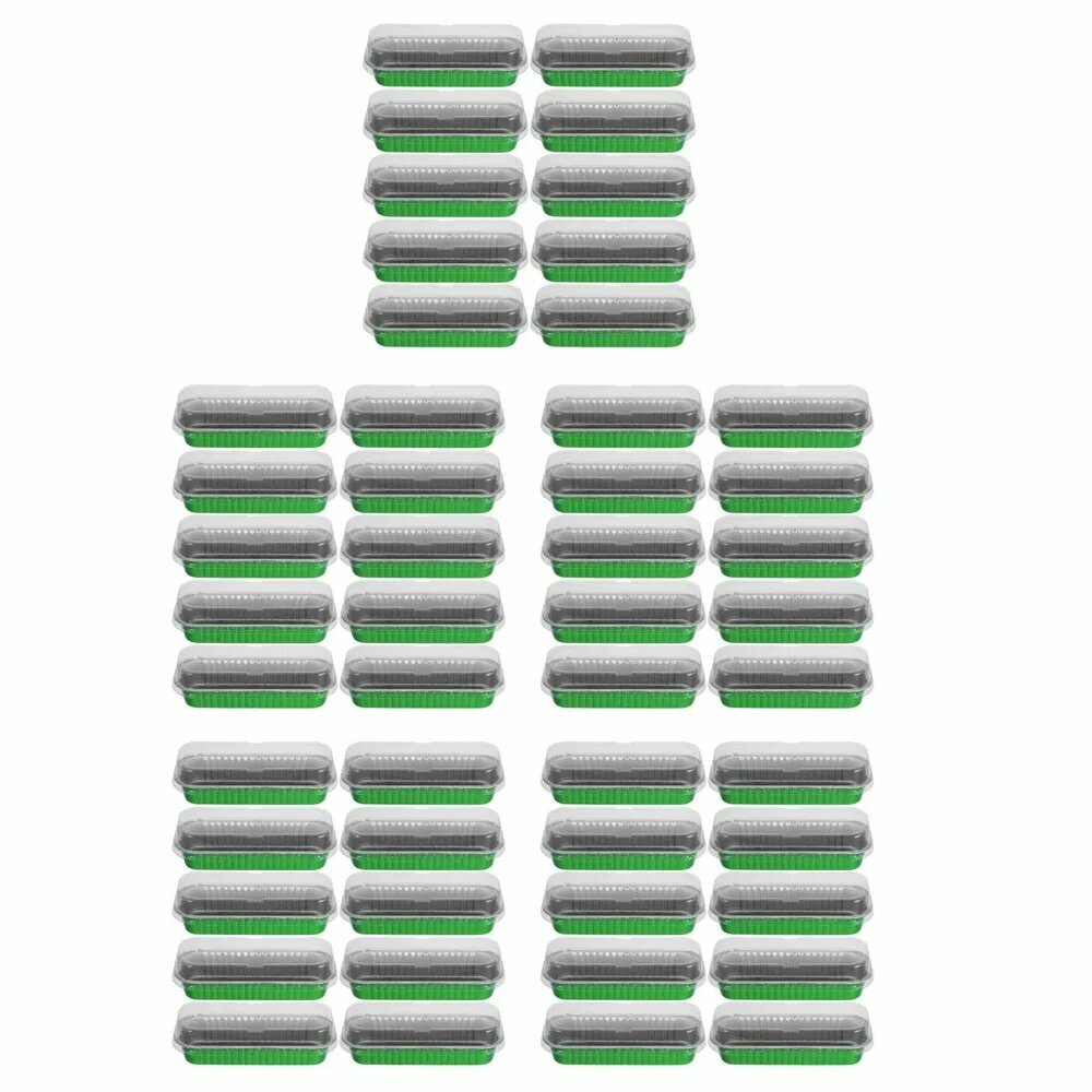 Зеленые контейнеры из алюминиевой фольги прямоугольные с пластиковой крышкой для хранения продуктов 200 мл 50 штук