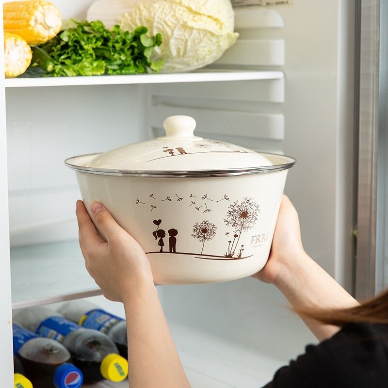 Утолщенная эмалированная миска для пищевых продуктов, домашняя масляная емкость с крышкой, суповая миска, традиционная банка для сала и миска для теста, фарфоровая емкость