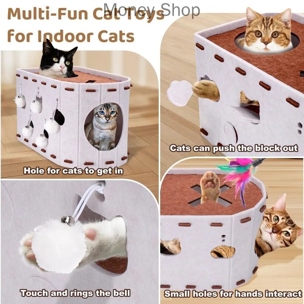Коттедж для кошек из войлока с игрушками, коричневый домик для нескольких кошек, 52*30*30 см — фото 1
