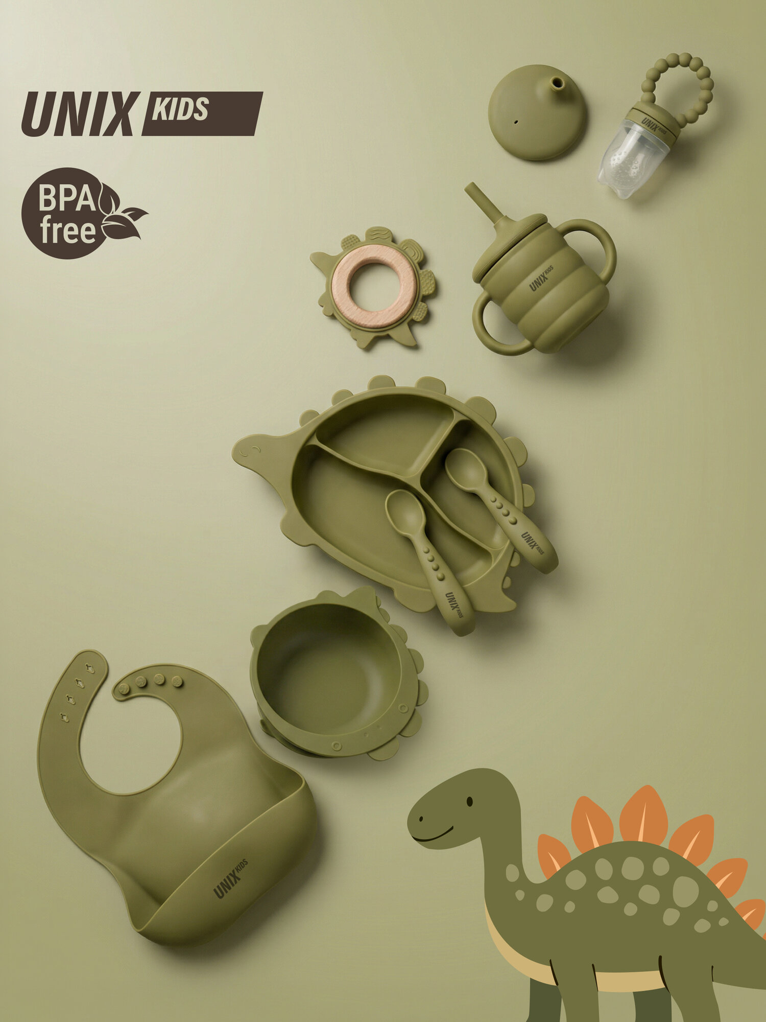 Набор детской посуды для кормления малыша 0+ UNIX Kids Dino / Дино силиконовый, 9в1 на присоске для детей, секционная тарелка, миска, нагрудник, кружка, поильник, 2 ложки, ниблер, прорезыватель