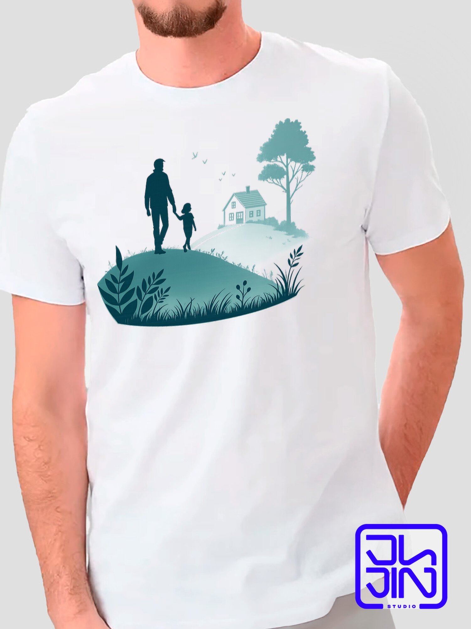 Футболка классическая мужская с авторским принтом Минималистичная бирюзовая сцена отца и дочери со смыслом у светло голубого дома, белый хлопковый трикотаж с прикольным рисунком на груди