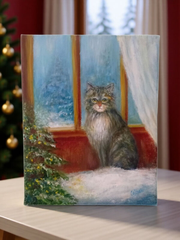 Картина маслом "Кот у зимнего окна", холст на подрамнике, масло, размер 24x30 см.