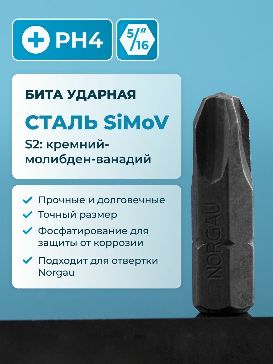 Бита ударная PH4 NORGAU Industrial из высокопрочной SiMoV стали S2, для ударной отвертки с шестигранником 5/16"