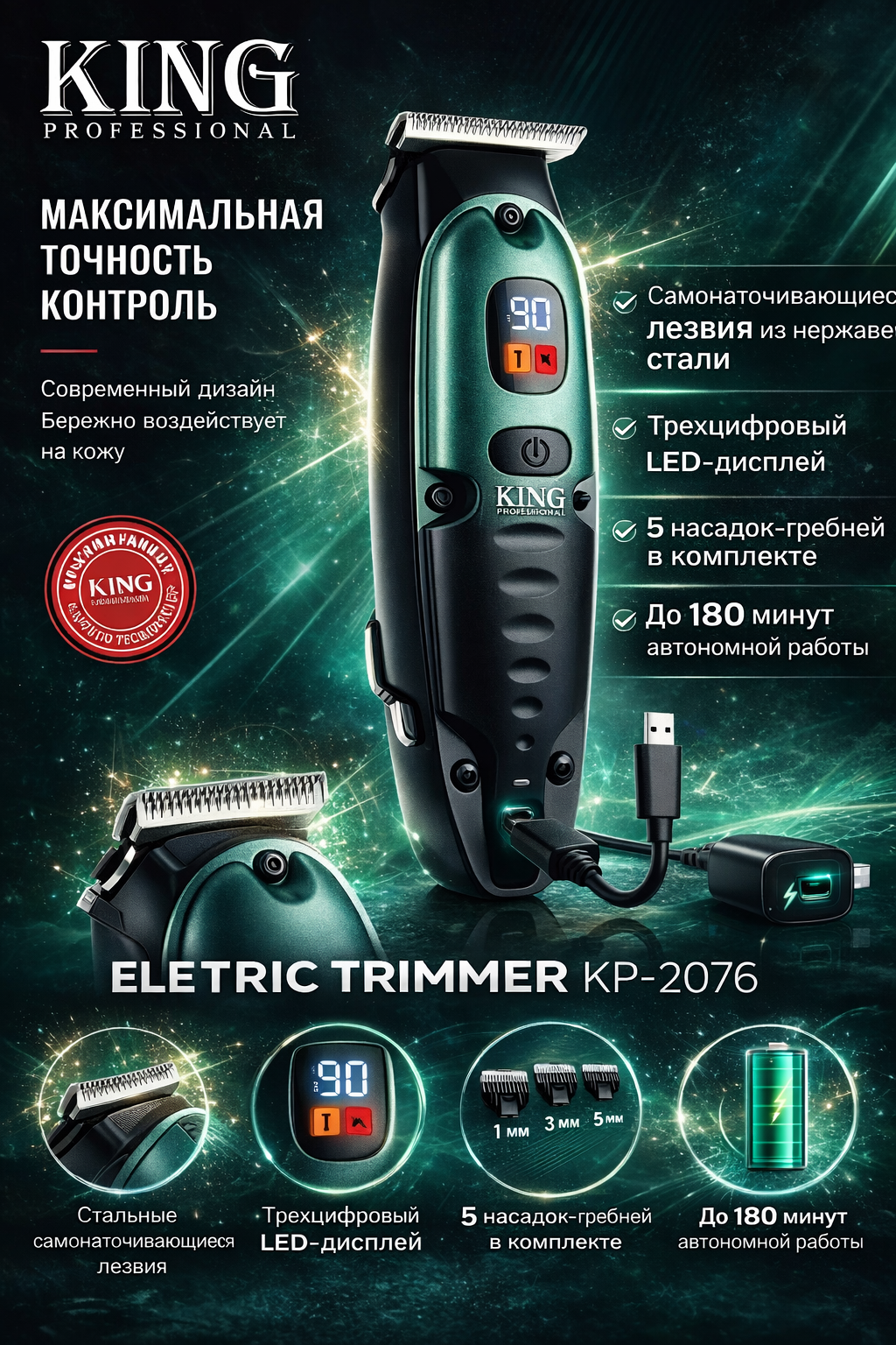 Триммер профессиональный KP-2076 с LED-дисплеем и USB-C VoltZone
