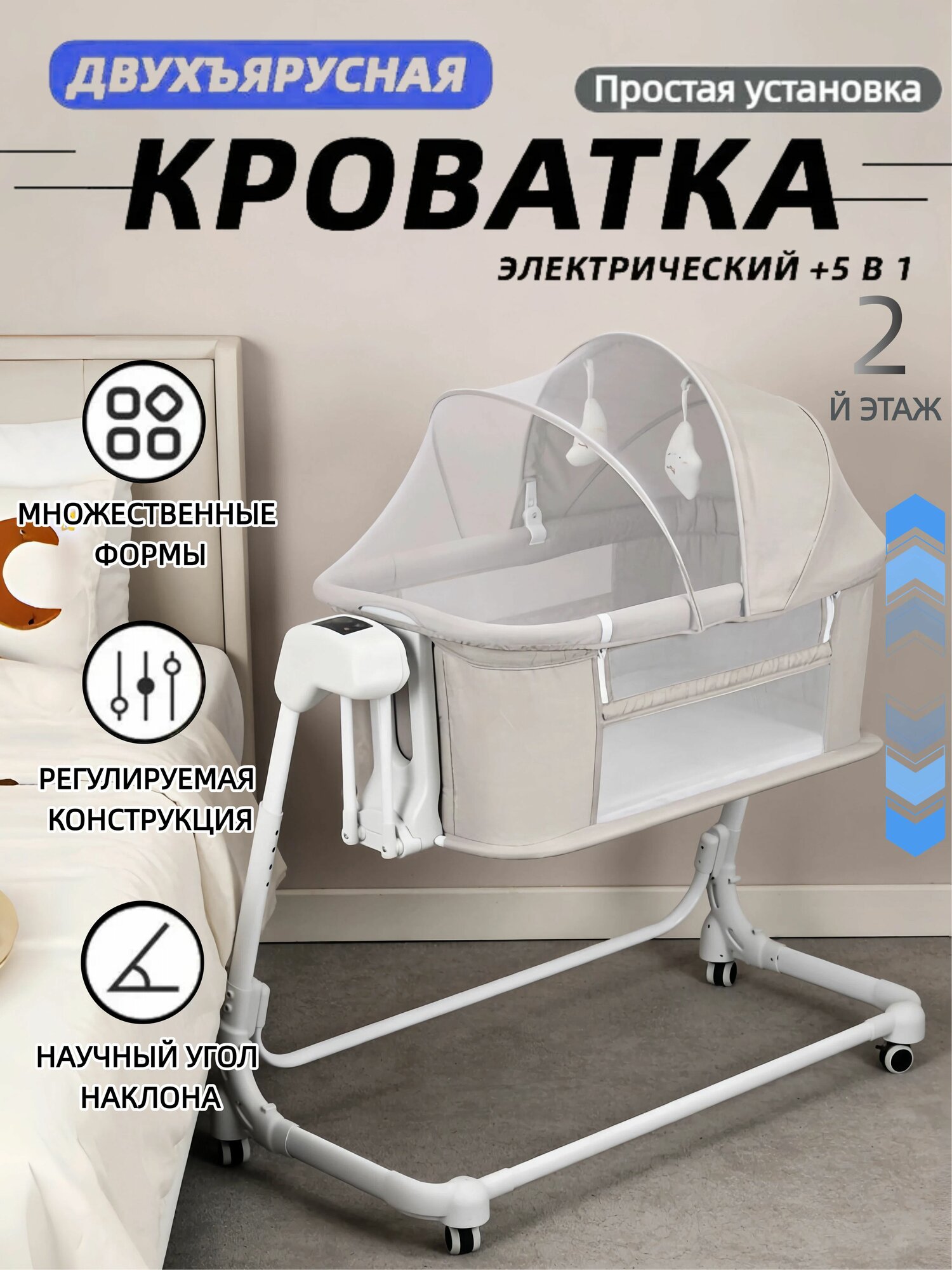 Детская кроватка 5 в 1 — мобильная электрическая кровать-качалка с пультом, таймером, USB, MP3 и москитной сеткой