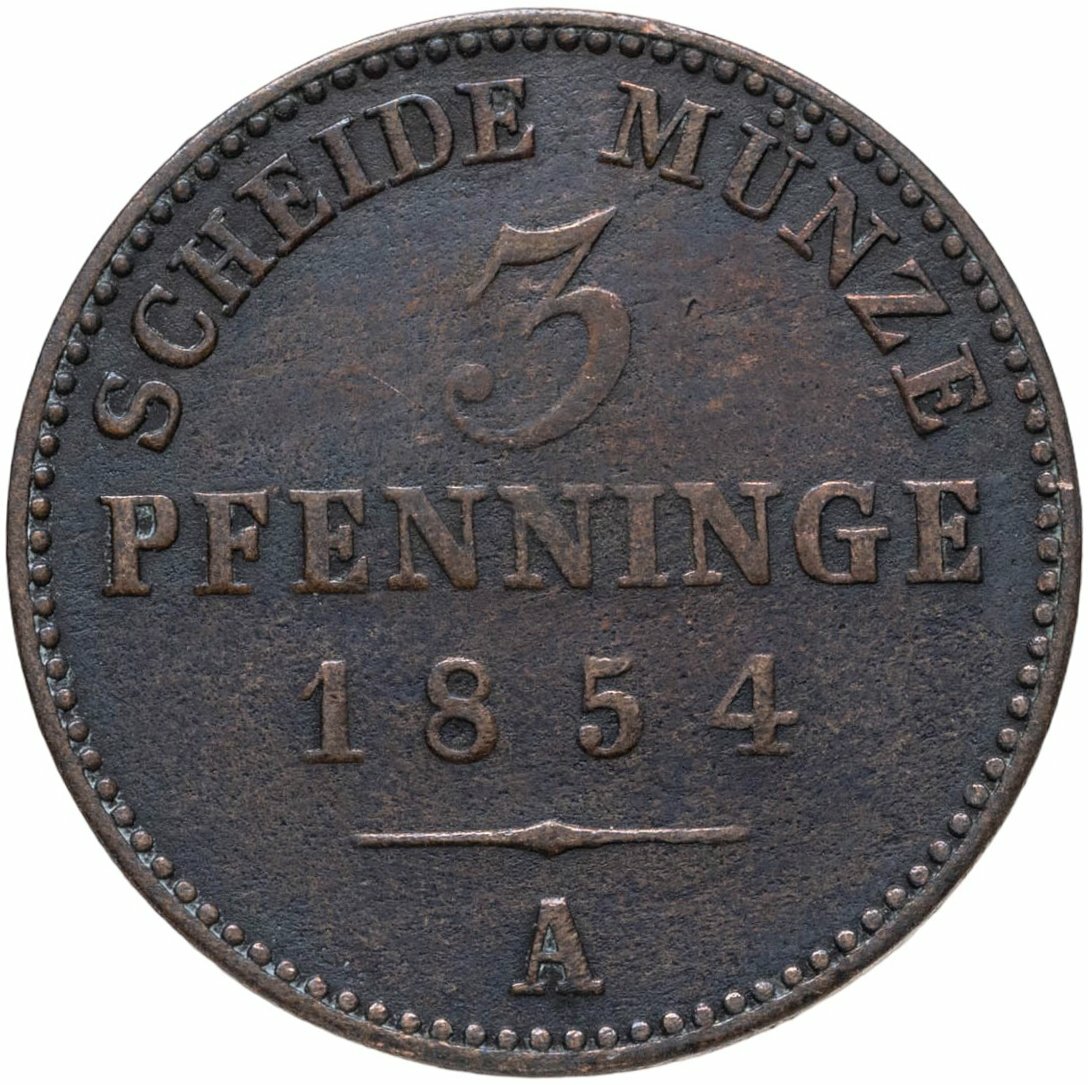 Германия, Пруссия 3 пфеннинга 1854 А, Медь, в сохранности VF