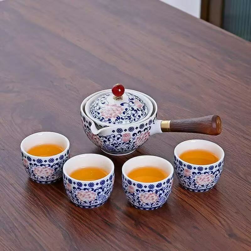 Заварочный чайник Zen Lotus, набор из четырех чашек, с вращающейся ручкой, керамический