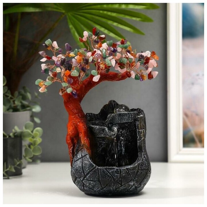 Фонтан настольный от сети, подсветка 'Дерево с самоцветами и водопад' 180 камней 26х19х12 см 53921