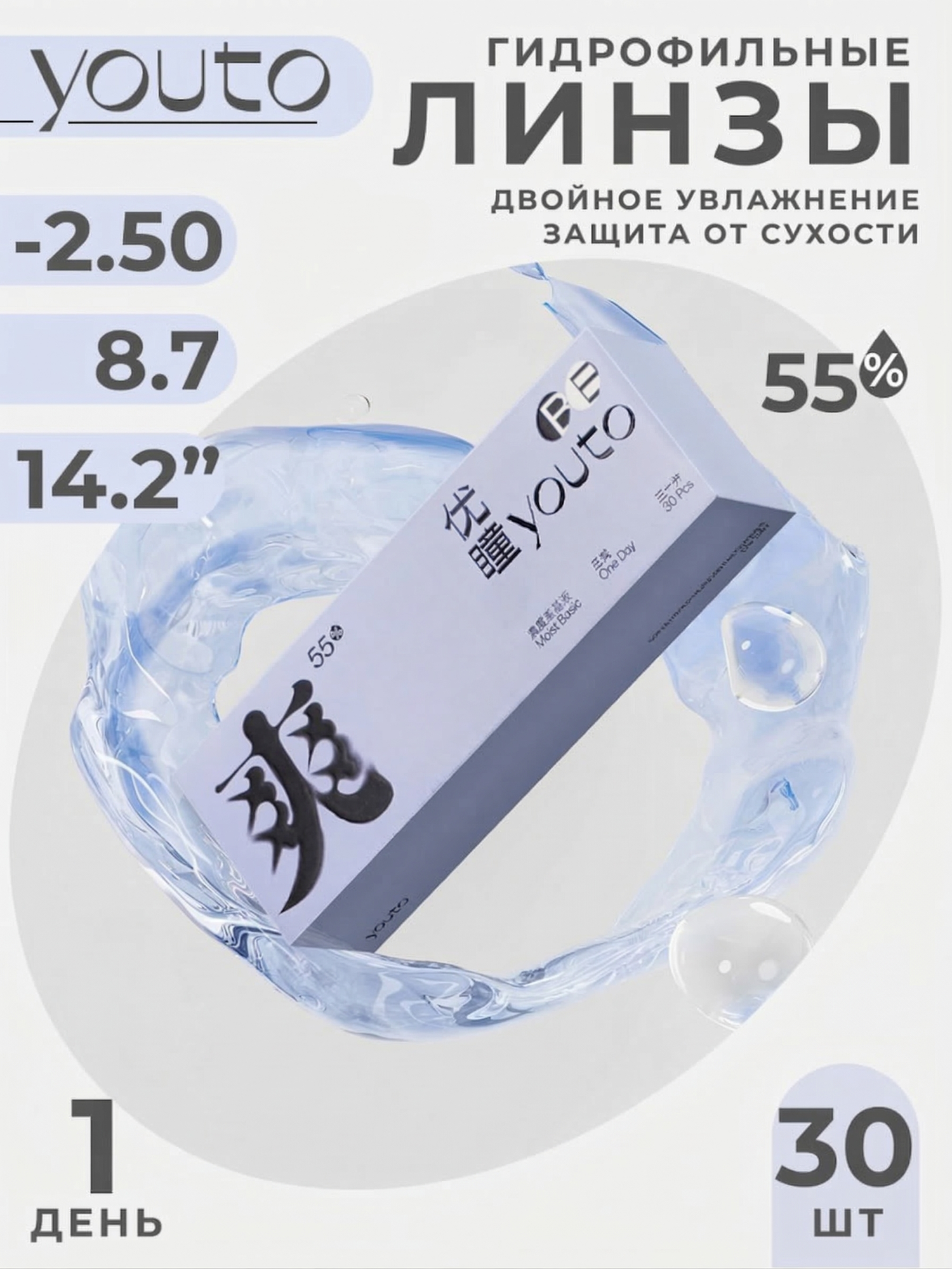 Линзы контактные однодневные YOUTO 30 шт. гидрофильные мягкие "Moist Basic", 55% влагосодержания