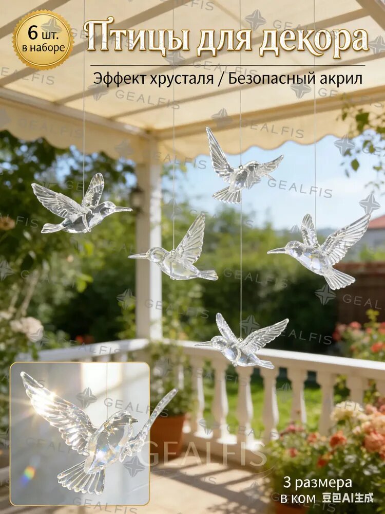 Декор для веранды и террасы Птицы подвесные 6 шт садовые украшения для закрытых беседок прозрачный акрил 10-12 см