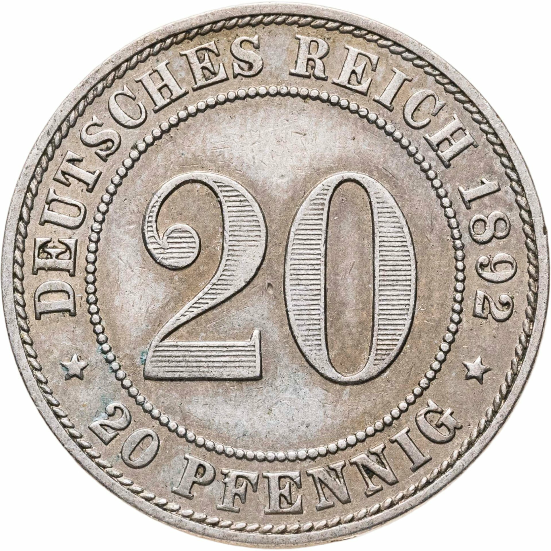 Германия 20 пфеннигов pfennig 1892 Знак монетного двора: "A" - Берлин, Мельхиор медь-никель, в сохранности XF