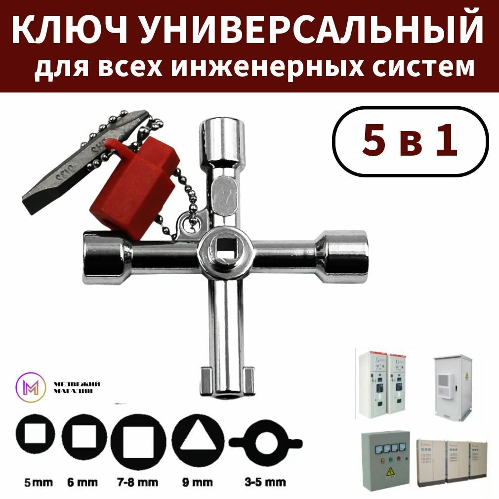 Ключ универсальный для электрошкафов, электрощитков, трехгранный 5 в 1