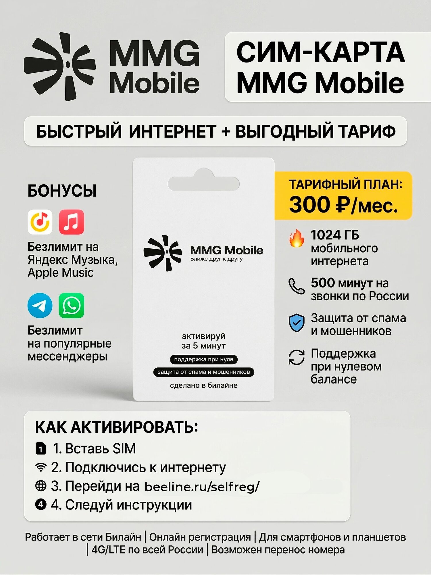 SIM-карта MMG Mobile 1024 ГБ + 500 минут безлимит интернет для Яндекс Музыки и Apple Music и безлимит на мессенджеры активация за 5 минут