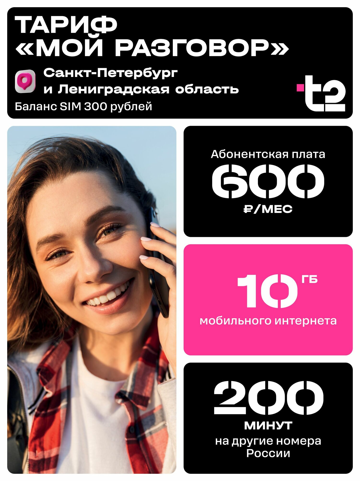 Сим-карта t2 "Мой разговор", Санкт-Петербург и Лен. область. Баланс 300 руб.