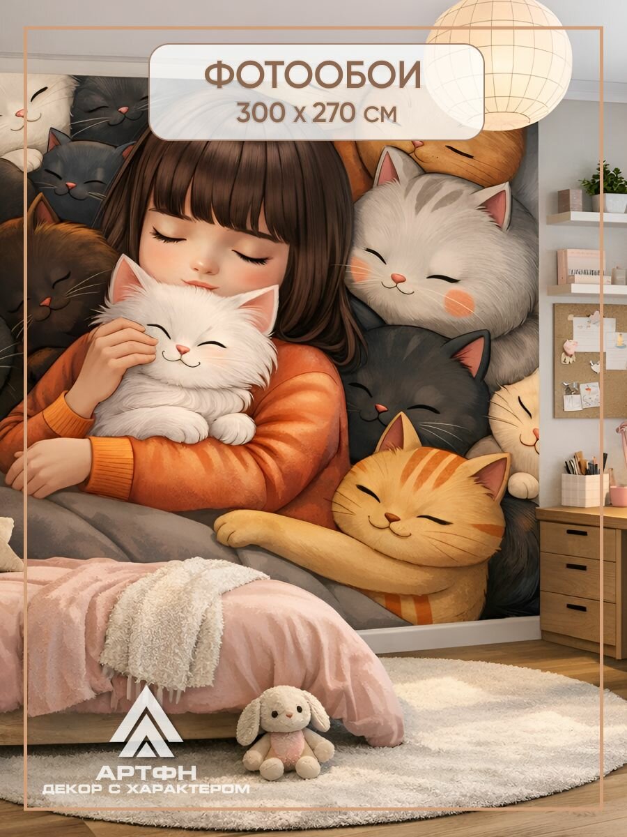 Фотообои, артфн "Девушка с кошками" обои в комнату подростка, флизелиновые, 3d 300 см x 270 см