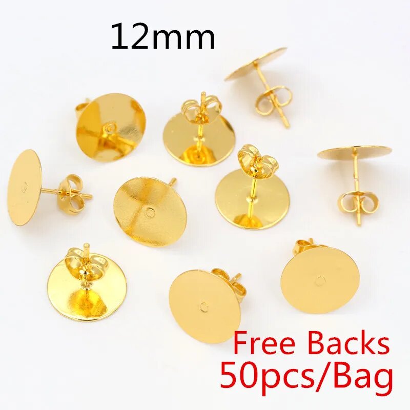 Золотые пустые серьги-гвоздики из нержавеющей стали Wadsfred 12mm x 50pcs