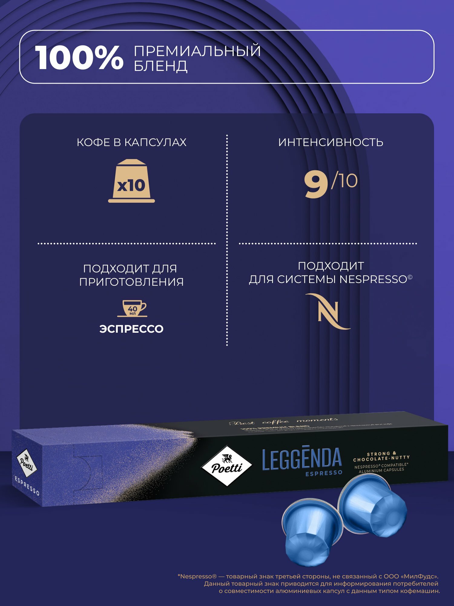 Кофе в капcулах Poetti Leggenda Espresso, интенсивность 9, 10 шт