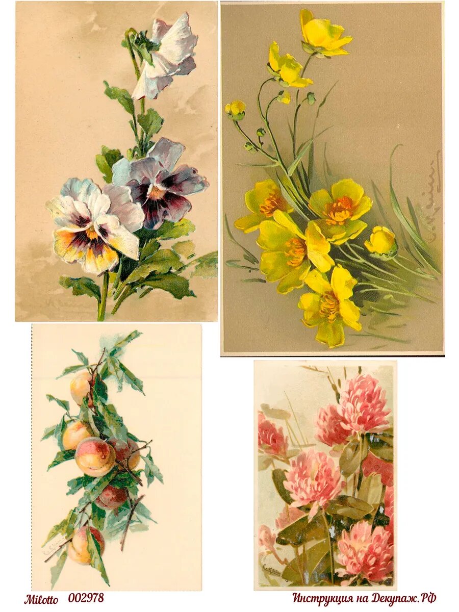 Декупажная карта рисовая бумага А4 клевер цветы фрукты