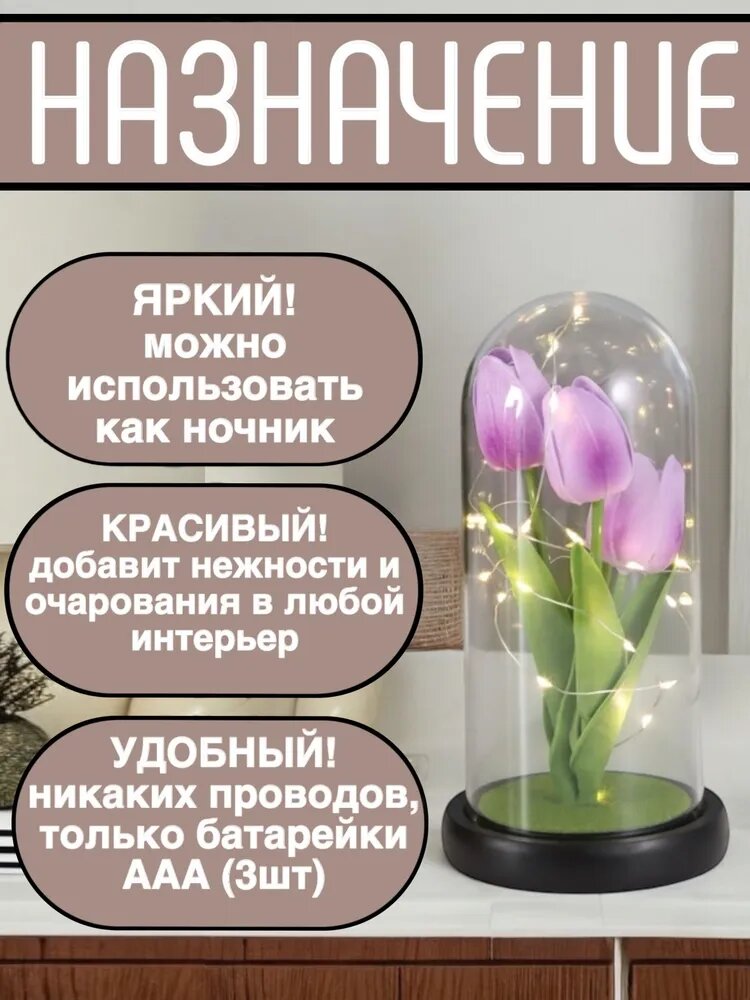 Сувенир Тюльпаны в колбе с подсветкой, 1 шт, 22х22х11 см, ABS пластик, Акрил, Закаленное стекло — фото 1