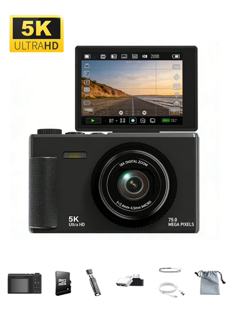 5K Ultra HD Цифровая камера 75 МП 18X зум с поворотным экраном и макро – для Vlog