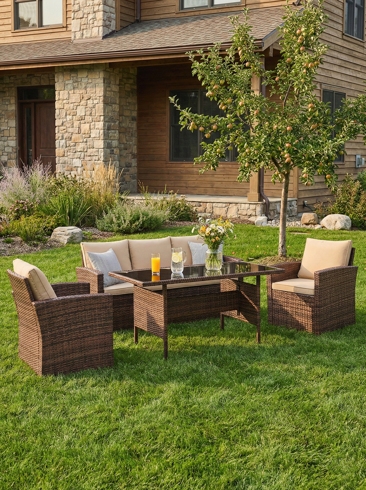 Комплект из искусственного ротанга Римини классик-5 (Rimini classic-5), капучино (подушки бежевые + серые)