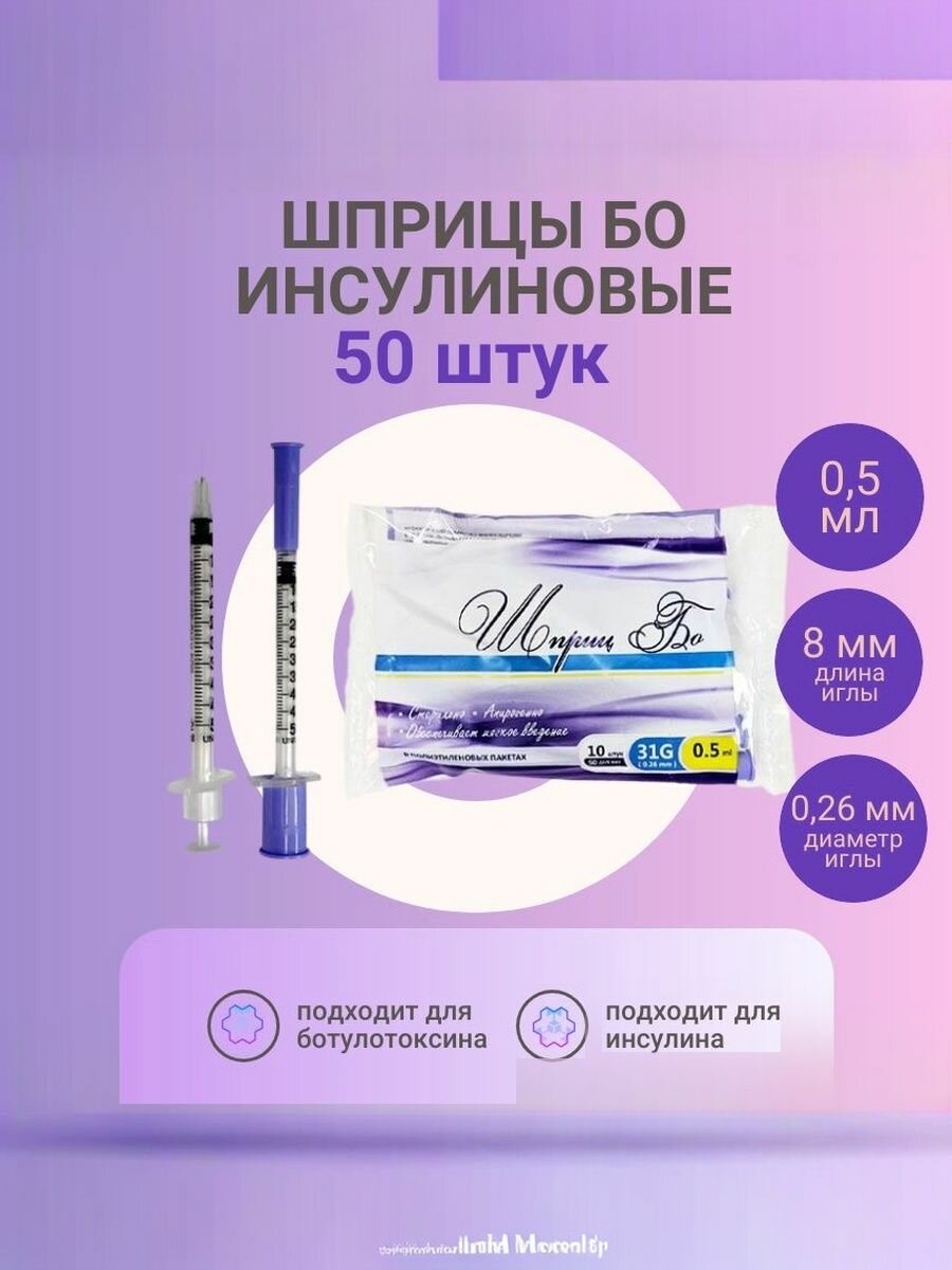 Шприцы БО инъекционные (инсулиновые) 0,5 мл 50 штук