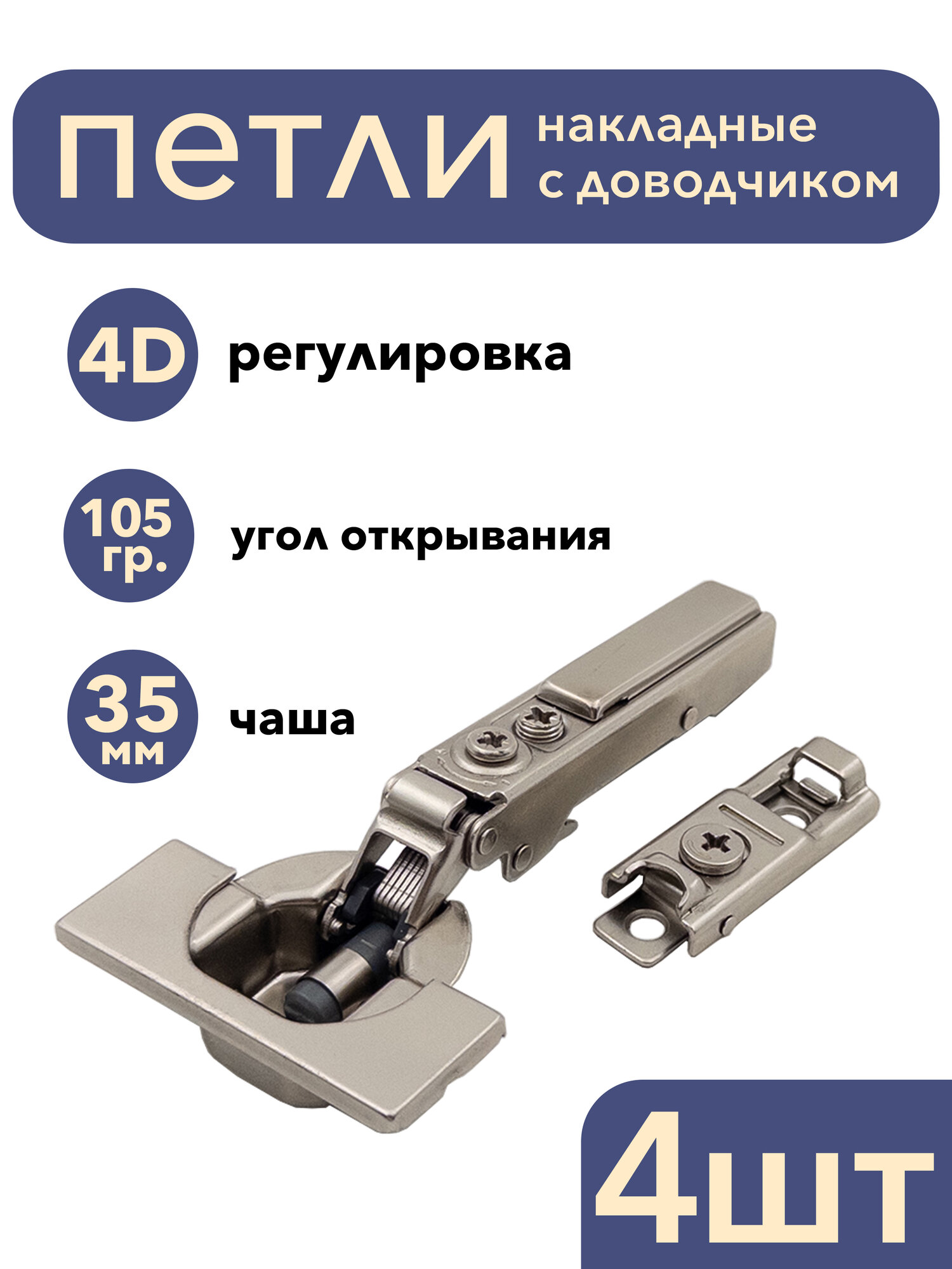 Петли мебельные (4 шт) с доводчиком накладные 4D 105 градусов, прямая ответная планка, с регулировкой скорости доводчика, Clip-On