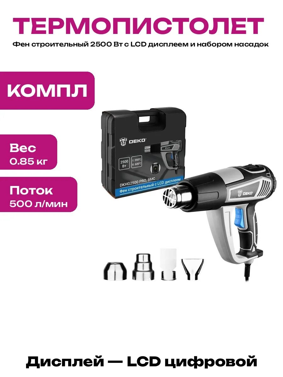 Фен промышленный DKHG2500 PRO 2500 Вт с насадками в чемодане