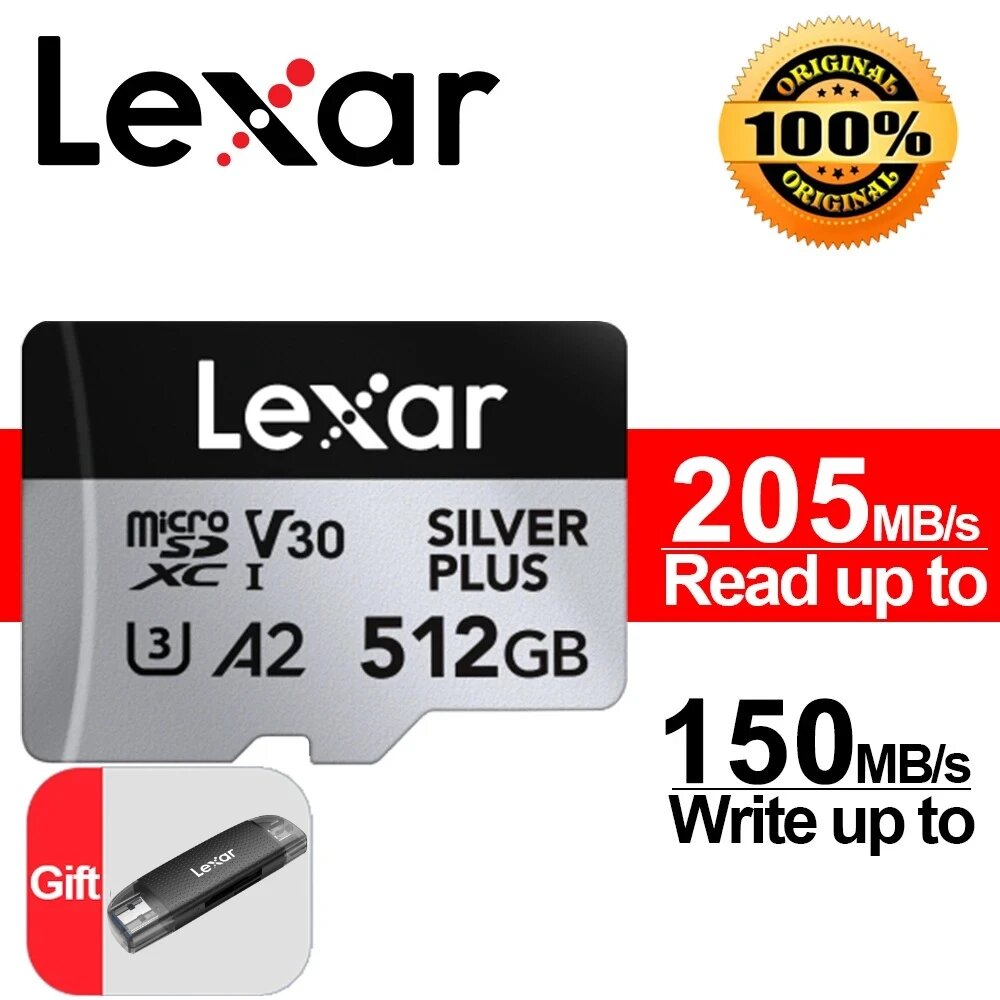 Карта памяти Lexar 1366x, 512 ГБ, 256 ГБ, 128 ГБ, 64 ГБ, SDXC, класс 10, до 205 Мб/с, Micro SD-карта A2, U3, V30, 4K, TF-карта для телефона, дрона