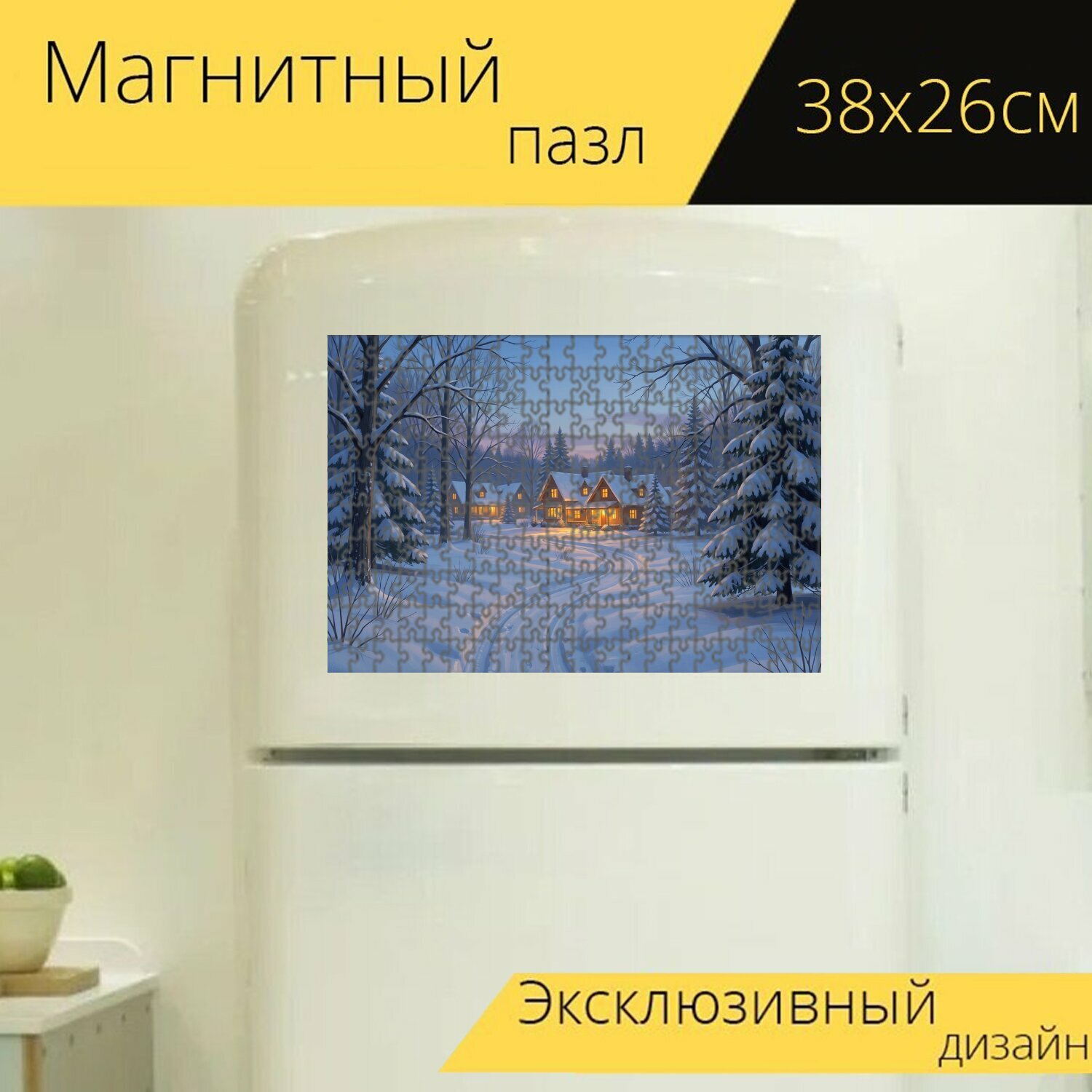 Магнитный пазл "Зимняя деревня в лесу. Сказочный снежный пейзаж с уютными домами в огнях, заснеженными елями и тихой дорожкой среди леса. Холодные синие." для интерьера, 38х26 см.