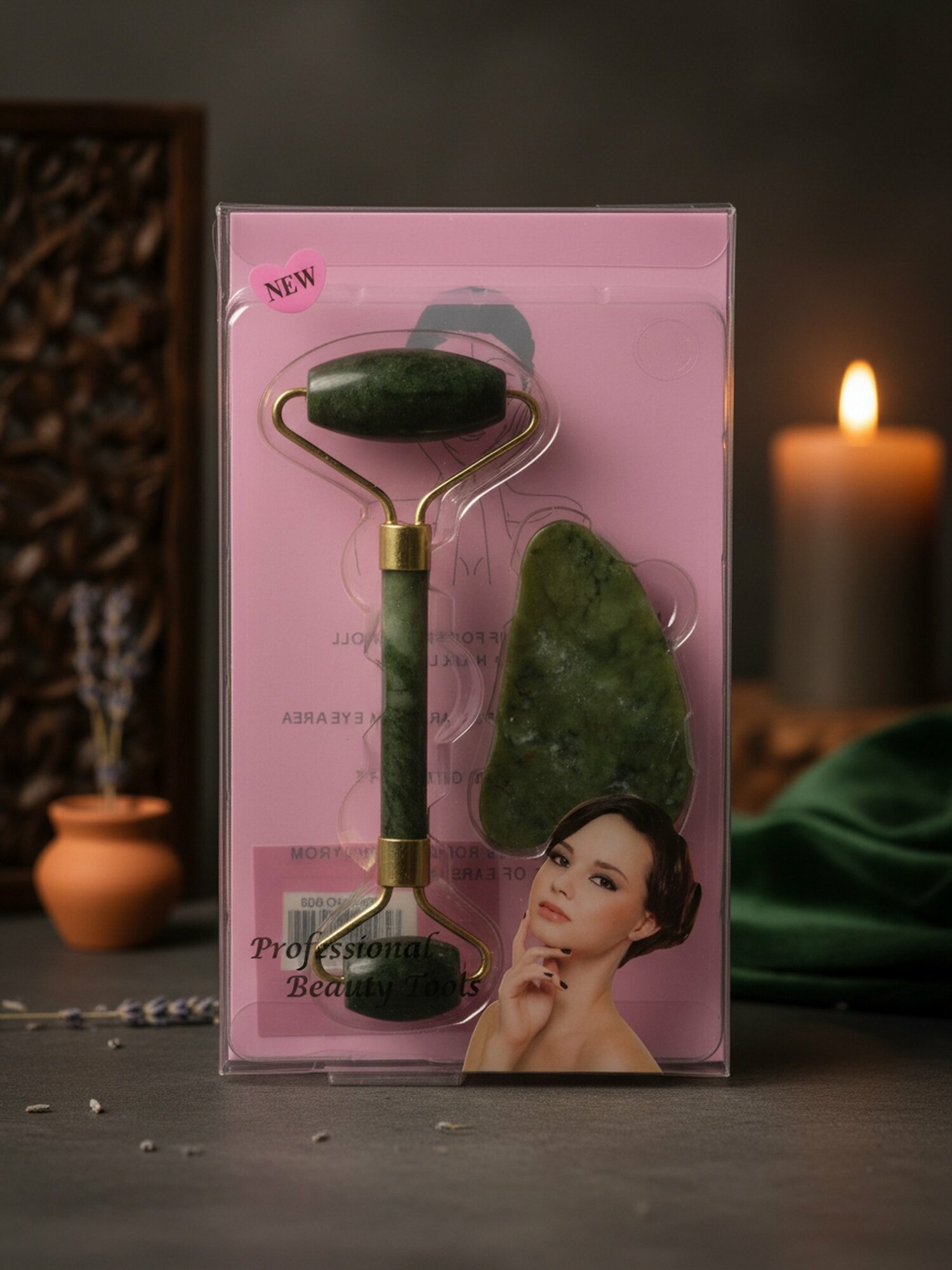 Набор для ухода за лицом: зеленый роликовый массажер из камня, скребок гуаша, артикул Y4-11511, аксессуары макияжа