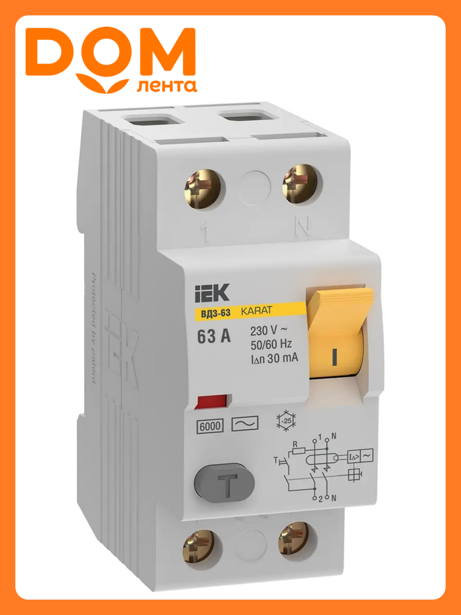 Выключатель дифференциального тока IEK KARAT, 2-полюсный, 63 A, 30mA, 6kA, тип AC