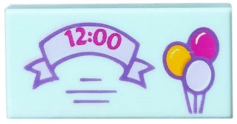 Деталь Lego 3069pb0428 Tile 1 x 2 with Bright Light Orange, Lavender, and Magenta Balloons, '12:00' on Ribbon Pattern