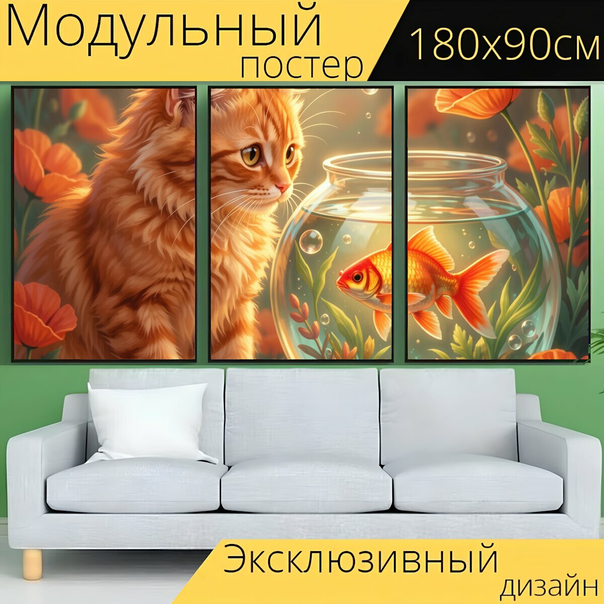 Модульный постер "Рыжий кот и золотая рыбка. Уютная сказочная композиция с пушистым рыжеватым котёнком, стеклянным аквариумом и яркими." 180 x 90 см. для интерьера на стену в тубусе