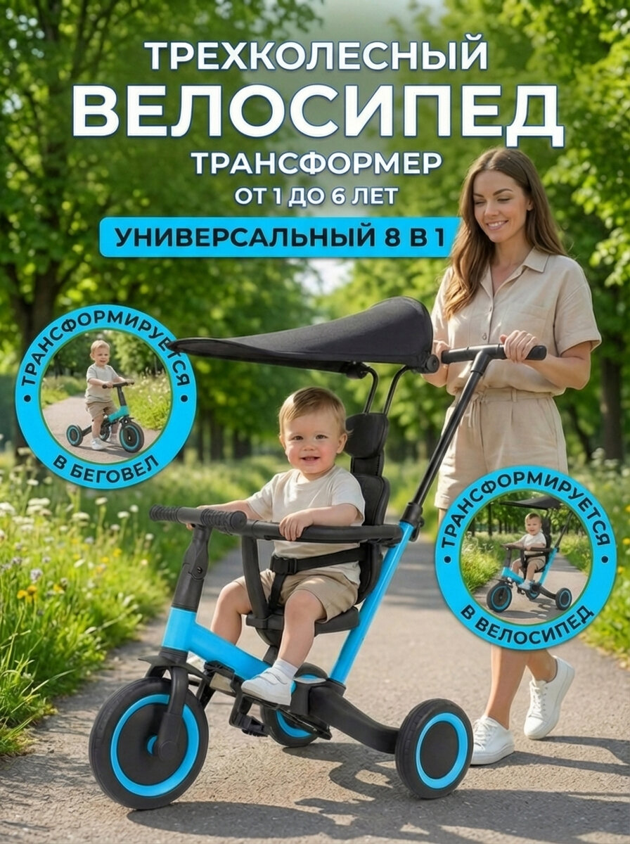 R-Wings Детский беговел-велосипед 8в1 с крышей и ручкой, синий - TR008C-BLUE