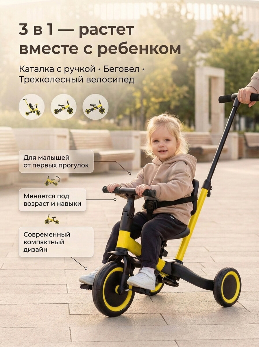 R-Wings Детский беговел-велосипед 4в1 с родительской ручкой, желтый - TR007-YELLOW