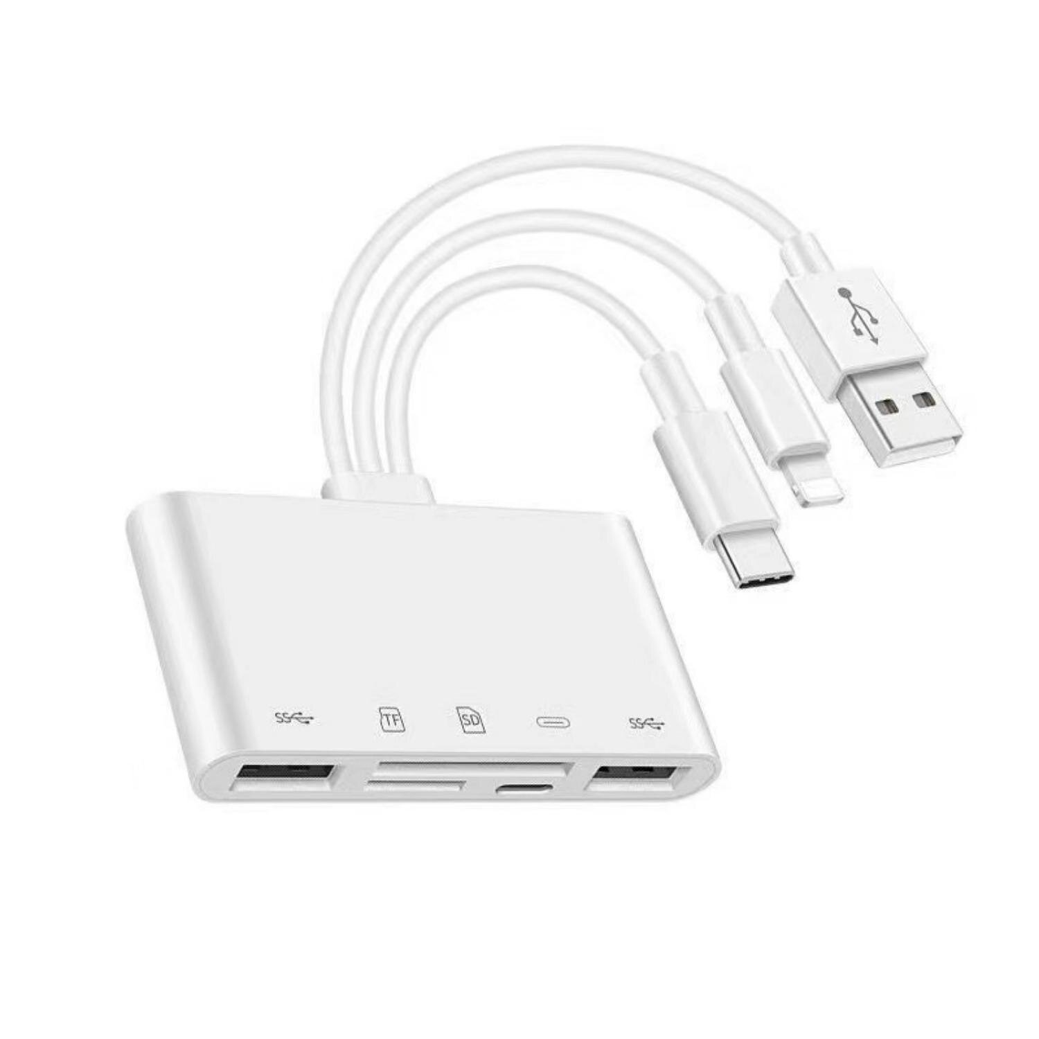 3-Wire 5-in-1 Кардридер SD USB3.0 для iPhone iPad MacBook Lightning/USB/Type C адаптер для карт памяти SD TF OTG Flash Drive, материал ABS, интерфейсы Lightning/Type C/USB, размер 15*6.5*1.2cm, вес 28g/45.4g, поддержка Windows 7+, без драйверов,