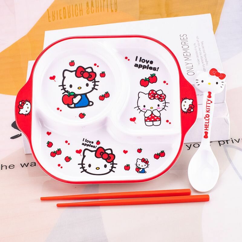 Детская посуда с мультяшным рисунком, миска с ручкой Hello Kitty, тарелка с разделителями для школьников, ударопрочная и противоожоговая миска и кружка.
