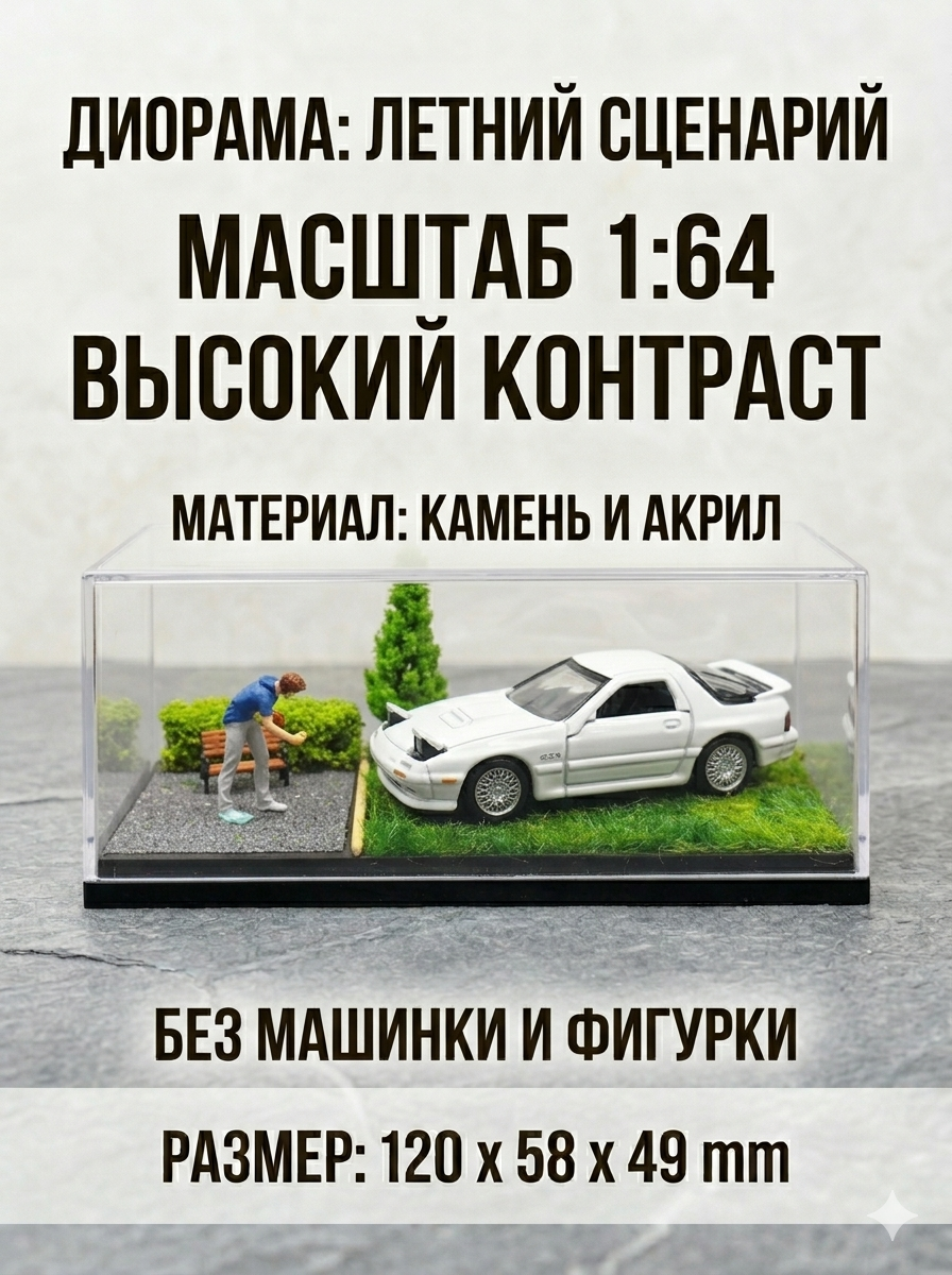Диорама 1:64 «лето»: Акриловый бокс витрина для моделей машин, 120х58х49 мм, реалистичная ручная работа, без авто