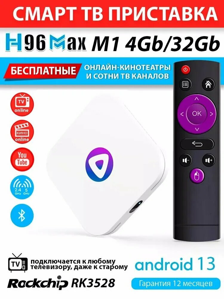 Умная ТВ-приставка H96 MAX M1, Android 13, 4ГБ+32ГБ, Rockchip 3528, 4K Ultra HD, Bluetooth 4.0, медиаплеер